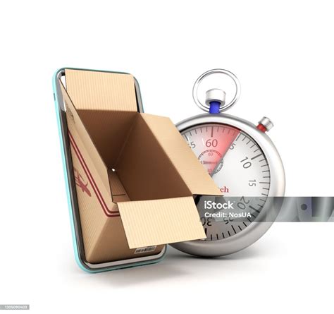 빠른 배달 개념 상자 옆에 있는 휴대 전화의 화면에서 들여다 보면 흰색에 스톱 워치 3d 렌더링 0명에 대한 스톡 사진 및 기타 이미지 Istock