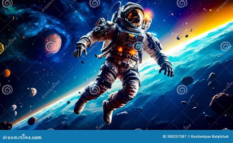 Man In Astronaut Suit Floating In Space With Planets In The Background
