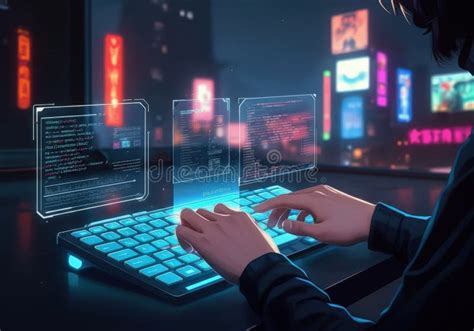 futuristic scene of a person typing on a glowing keyboard with