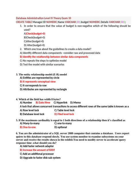 Database Administration Level Iv Theory Exam 10 Pdf Databases Data Management