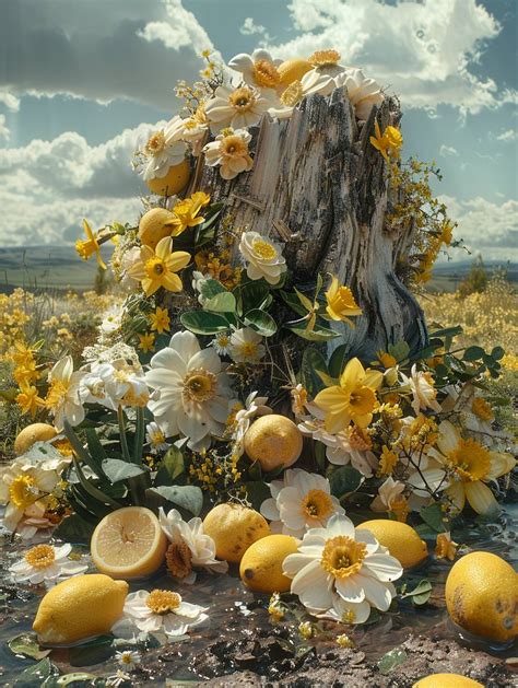 이것은 레몬 프티그랭 홑겹과 같은 식물들로 구성된 초현실적인 작품으로 부드러운 하늘과 흰 구름을 배경으로 자연의 아름다움과 인간 형상의 꿈 같은 대비를 만들어냅니다