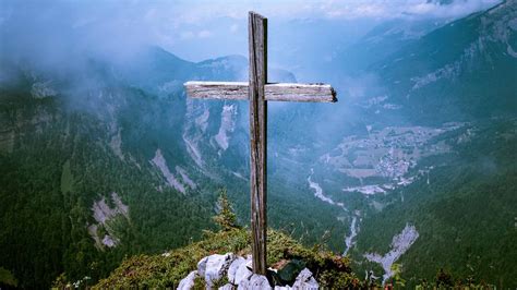 Wood Cross On Top Of Hill In Greenery Mountains With Fog Background Hd