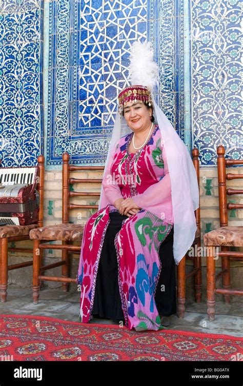 Woman In Traditional Dress Tosh Hovli Palace Khiva Uzbekistan Stock