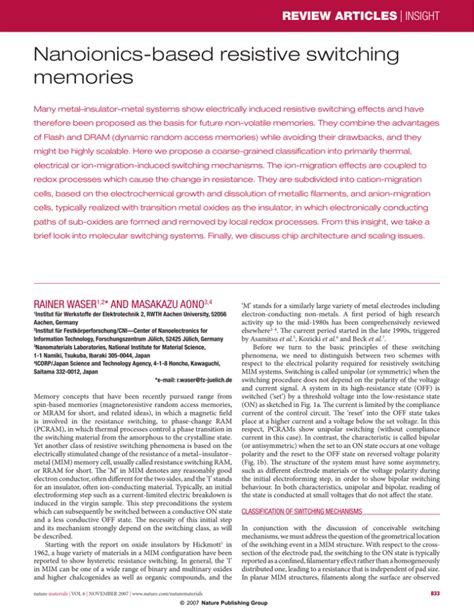 nanoionics based resistive switching memories review