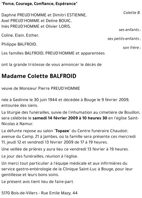Avis De D C S De Colette Balfroid D C D Le Annonce
