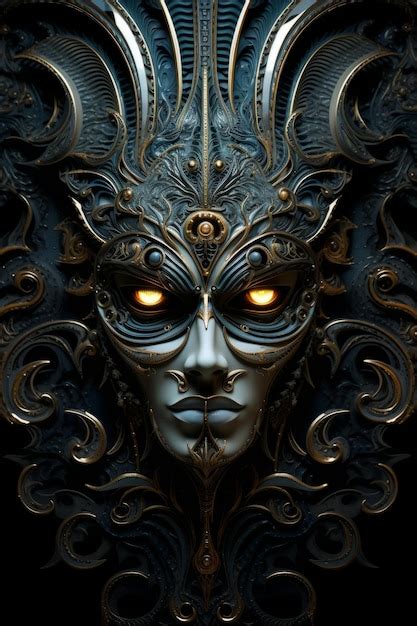 Premium Photo An Ornate Mask With Glowing Eyes On A Black Background