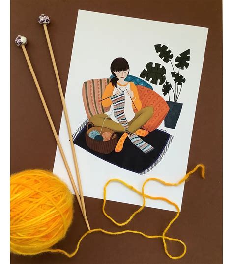 Fine Art Knitting Girl A5 Yarn Knitted Lady Print Pictures Illustration