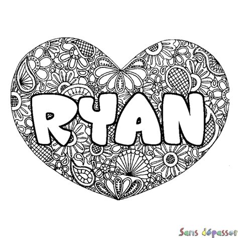 Coloriage prénom RYAN décor Mandala coeur Sans Dépasser