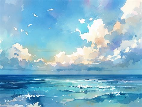 空と海が溶け合う水彩の情景｜イラスト・フリー素材なら「シンテリ」