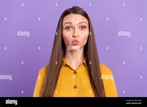 Photo Of Valentine Young Lady Blow Kiss Wear Yellow Shirt Isolated On