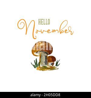 Hello November Hand Lettering Text On Poligon Vector Wreath With Autumn