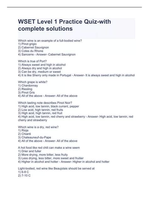 WSET Level 1 Practice Quiz With Complete Solutions WSET Stuvia US