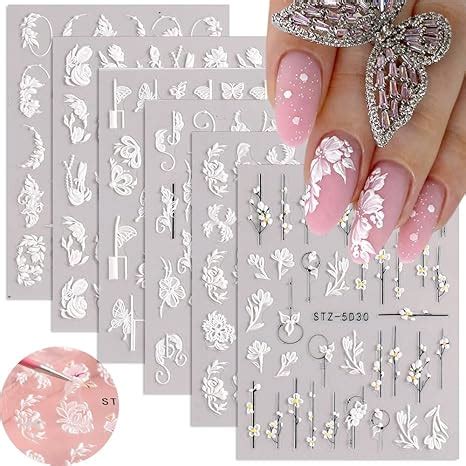 5D Embossed Nail Art Stickers 6 Sheets Engraved Flowers Nail Decals