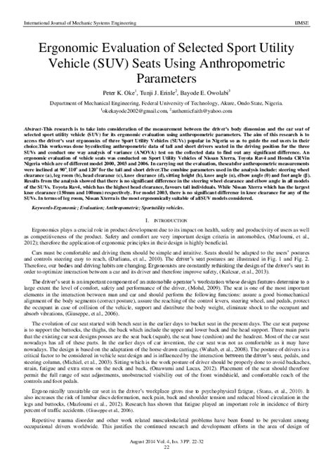 Pdf Ergonomic Evaluation Of Selected Sport Utility Vehicle Suv Seats Using Anthropometric