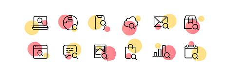 돋보기 세트 아이콘입니다 연구 노트북 행성 전화 클라우드 스토리지 편지 소포 웹 사이트 음성 거품 그림 패키지 막대 차트 달력 서핑을 추적합니다 검색 개념 벡터 선 아이콘