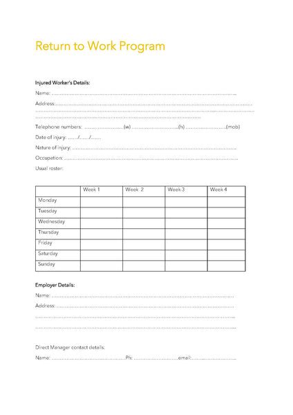 Return To Work Program Editable Template