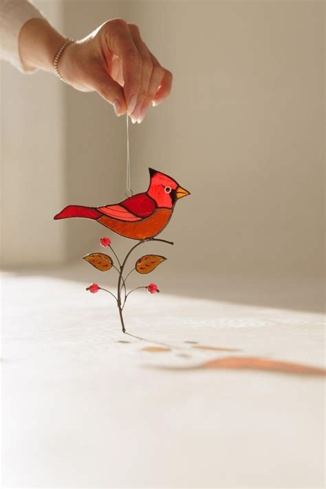 Stained Glass Male Red Cardinal Suncatcher Vitrageartsouvenirs