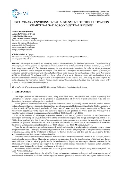 Pdf Preliminary Environmental Assessment Of The Cultivation Of Microalgae Agroindustrial Residue