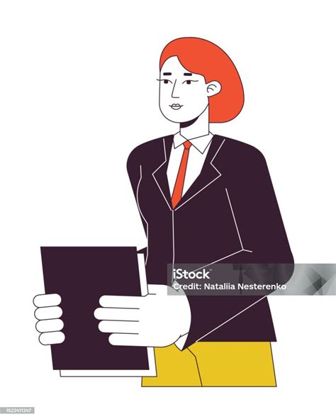 서류를 들고 있는 백인 여성 직원 플랫 라인 벡터 스팟 일러스트레이션 2차 도형에 대한 스톡 벡터 아트 및 기타 이미지 2차