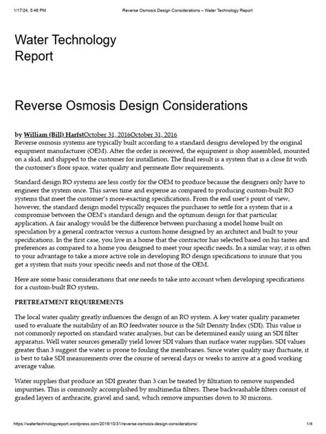 Reverse Osmosis Design Considerations Water Technology Report Pdf Membrane Water