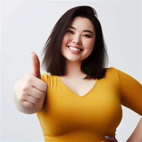 Premium Ai Image Happy Chubby Overweight Plus Size Big Fat Fit Woman Wear Yellow Top Show