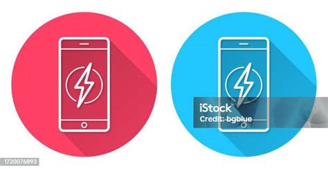 전기 기호가 있는 스마트폰 빨간색 또는 파란색 배경에 긴 그림자가 있는 둥근 아이콘 Brand Name Smart Phone에