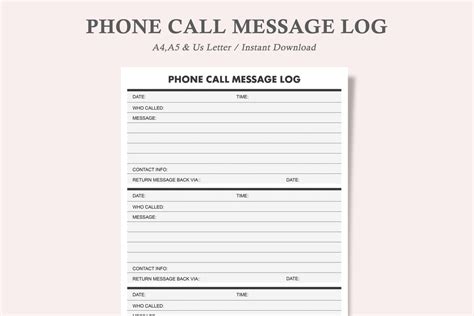 Phone Call Message Log Phone Call Log Missed Call Log Printable Call