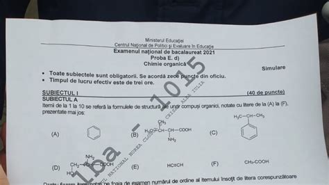 FOTO SUBIECTE și BAREME simulare BACALAUREAT 2021 la CHIMIE ORGANICĂ pentru elevii de clasa a