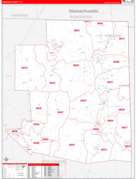 Windham County Ct Zip Code Wall Map Red Line Style By Marketmaps Mapsales