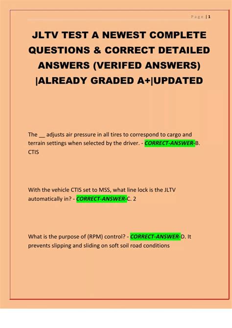 JLTV TEST A And B NEWEST COMPLETE QUESTIONS CORRECT DETAILED ANSWERS BUNDLE PACK Stuvia US