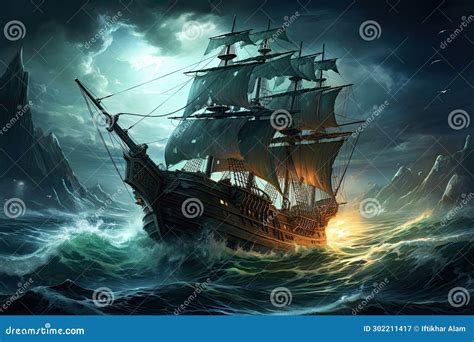 Pirate Ship In Stormy Sea 3d Illustration Stock Illustration