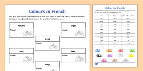 French Colours Worksheet Primary Resources Teacher Made