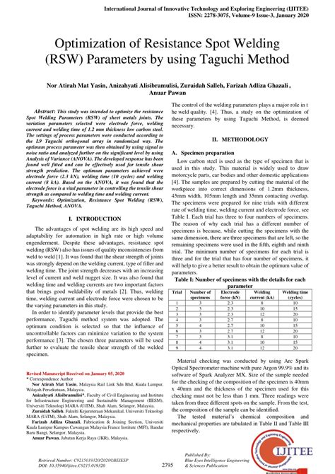 Pdf Optimization Of Resistance Spot Welding Rsw Parameters By Using