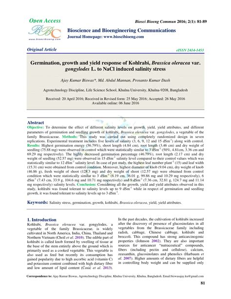 (PDF) Germination, growth and yield response of Kohlrabi, Brassica ...