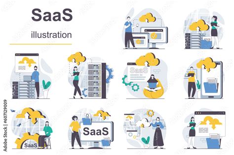 Saas Concept With Character Situations Mega Set Bundle Of Scenes People Using Cloud Processing