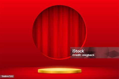 3d 럭셔리 빈 금색 연단과 쇼케이스 스튜디오 룸의 둥근 창문에 있는 빨간 커튼 0명에 대한 스톡 벡터 아트 및 기타 이미지 0명 3차원 형태 가정의 방 Istock