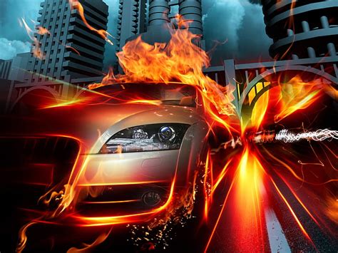 Coche En Fire City Hq Ciudad Fuego Fondo De Pantalla Hd
