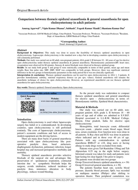Pdf Comparison Between Thoracic Epidural Anaesthesia And General Anaesthesia For Open