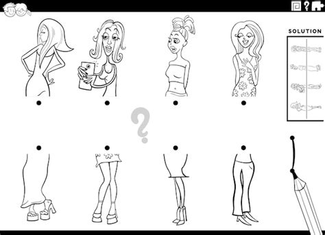 만화 여성 사진 게임 색칠하기 책 페이지의 절반 일치 프리미엄 벡터