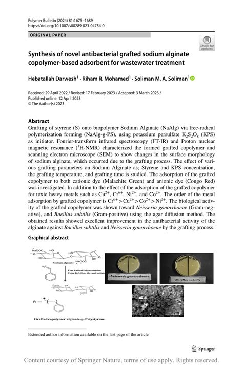 Pdf Synthesis Of Novel Antibacterial Grafted Sodium Alginate