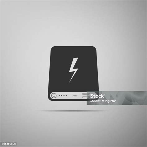 전원 은행 아이콘 회색 배경에 고립입니다 휴대용 충전 장치입니다 평면 디자인입니다 벡터 일러스트 레이 션 Usb 케이블에 대한