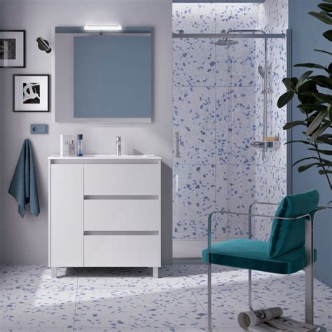 Meuble NOJA 85 cm 3 tiroirs à d et 1 porte à g blanc mat avec vasque