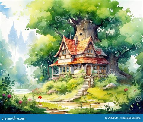 Watercolor Style Fantasy House In The Forest Stock Illustration