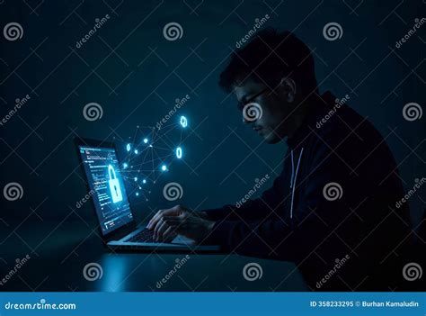 Cyber Hacker Using Laptop With Holographic Encryption Stock