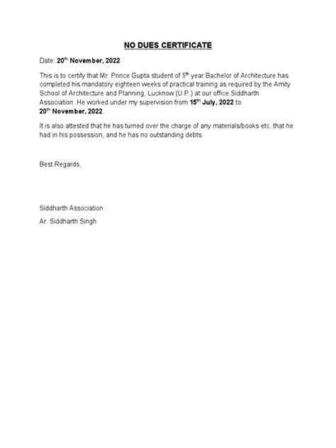 No Dues Certificate Pdf