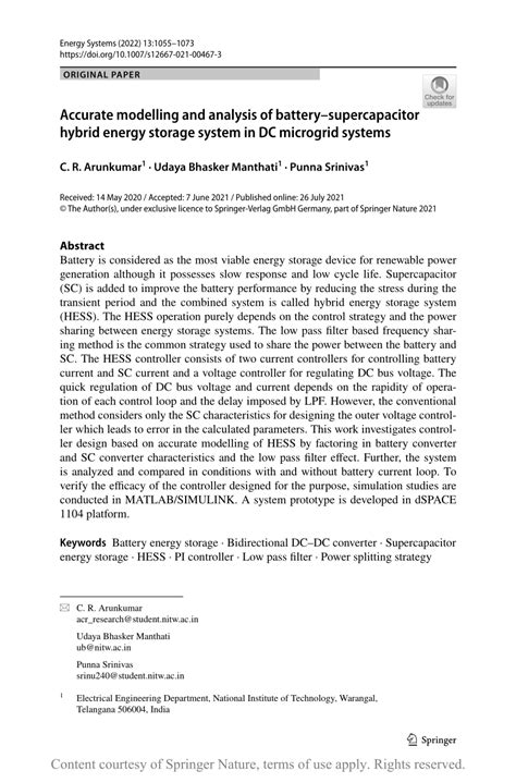 Accurate Modelling And Analysis Of Battery Supercapacitor Hybrid Energy Storage System In Dc