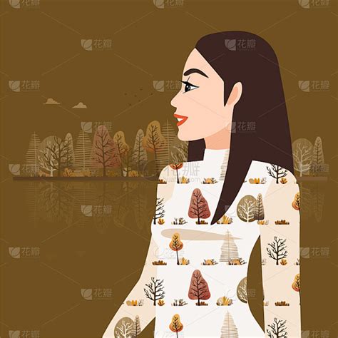 美丽的女孩穿着秋装站在秋园的背景矢量上