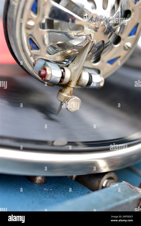 An Old Retro Record Playing On Old Vintage Gramophone At Flea Market