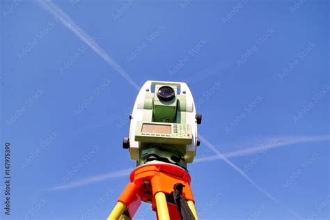 Total Station With Blue Sky In The Background Survey Instrument Geodetic Device Total Station