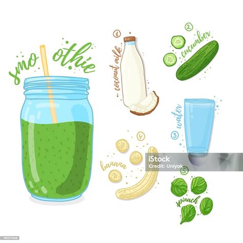 건강 한 생활에 대 한 녹색 칵테일입니다 오이 코코넛 우유 바나나 및 시금치의 수호신 유리 항아리에 레시피 채식 유기